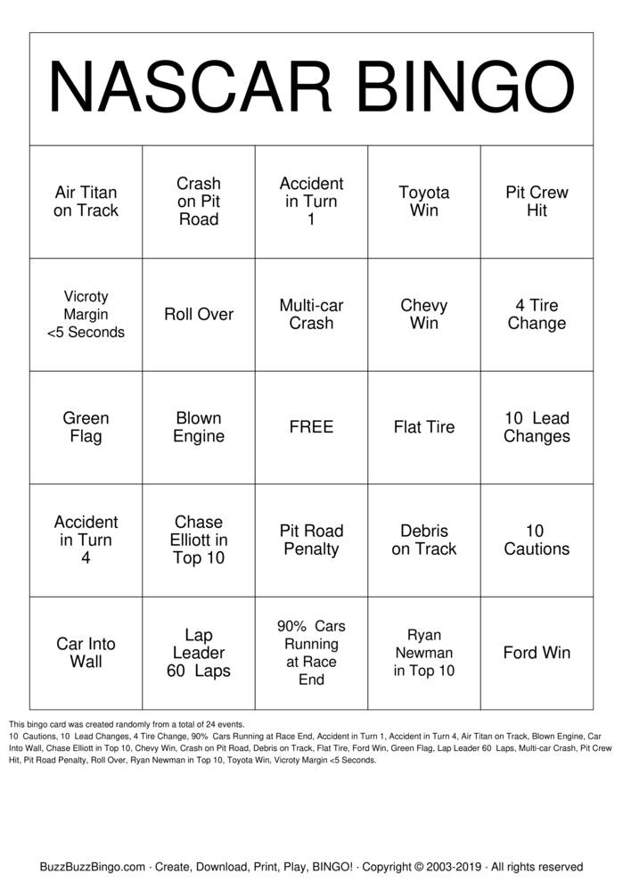 NASCAR Bingo Cards to Download, Print and Customize!