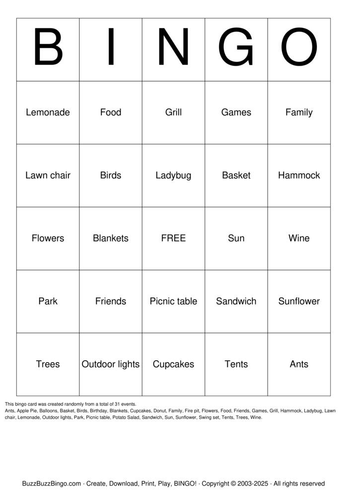Nika Picnic party Bingo Cards to Download, Print and Customize!