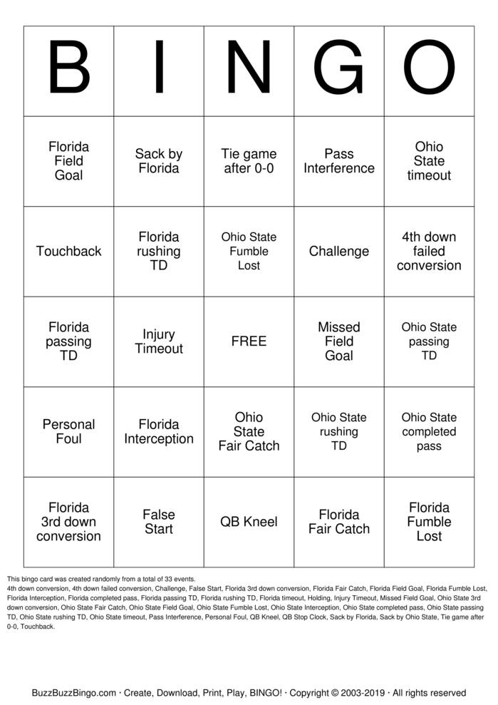 Ohio State vs Florida Football Bingo Cards to Download, Print and ...