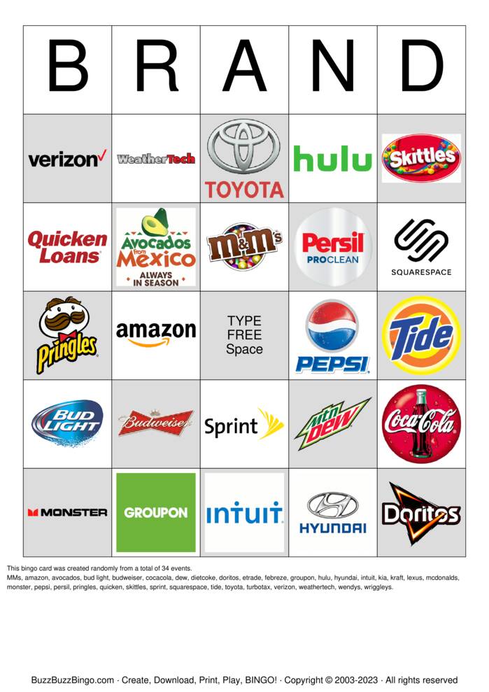 Popular name Brands Bingo Cards to Download, Print and Customize!