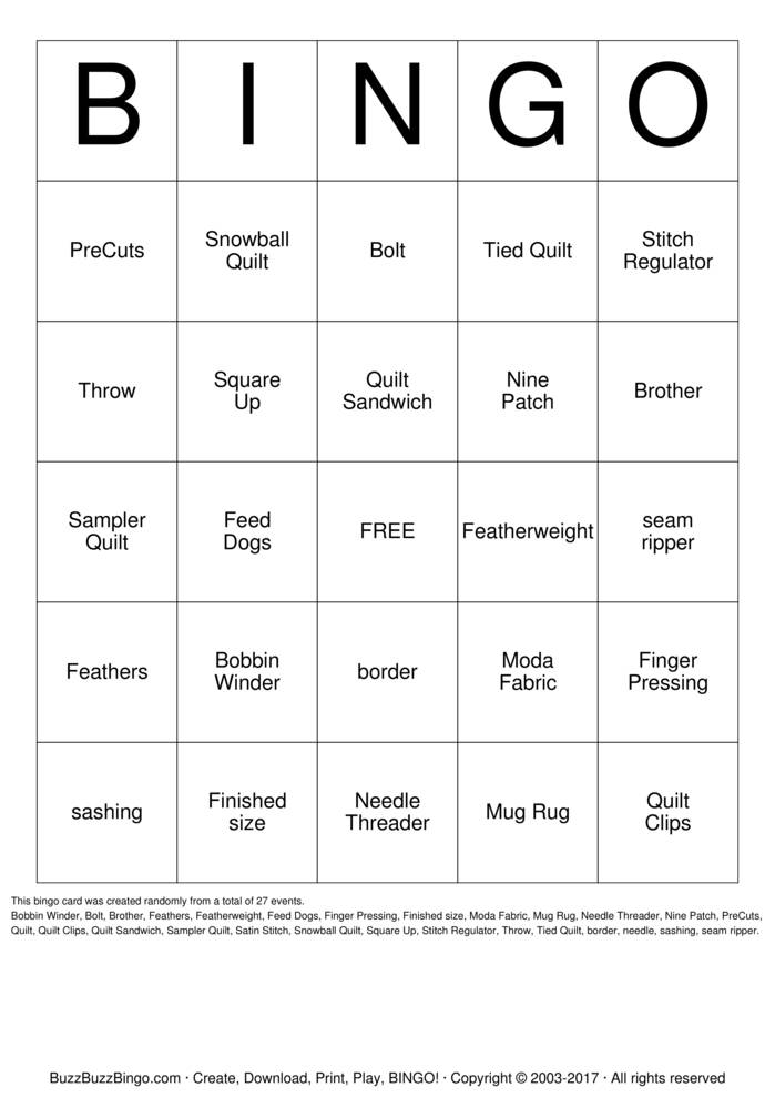 QUILT Bingo Cards to Download, Print and Customize!