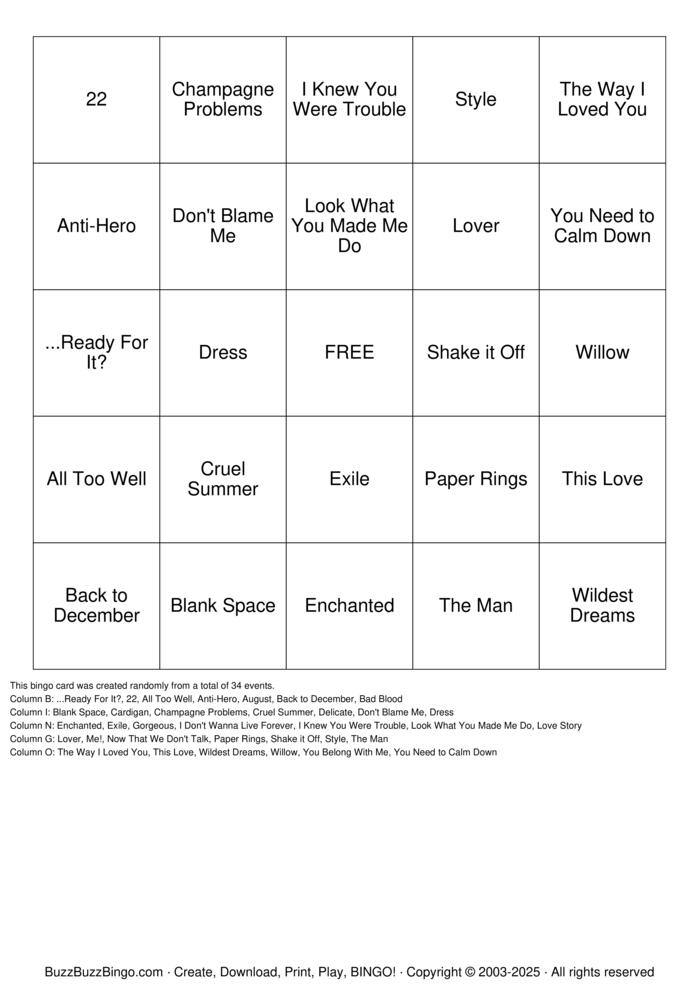 Taylor Swift Songs Bingo Cards to Download, Print and Customize!