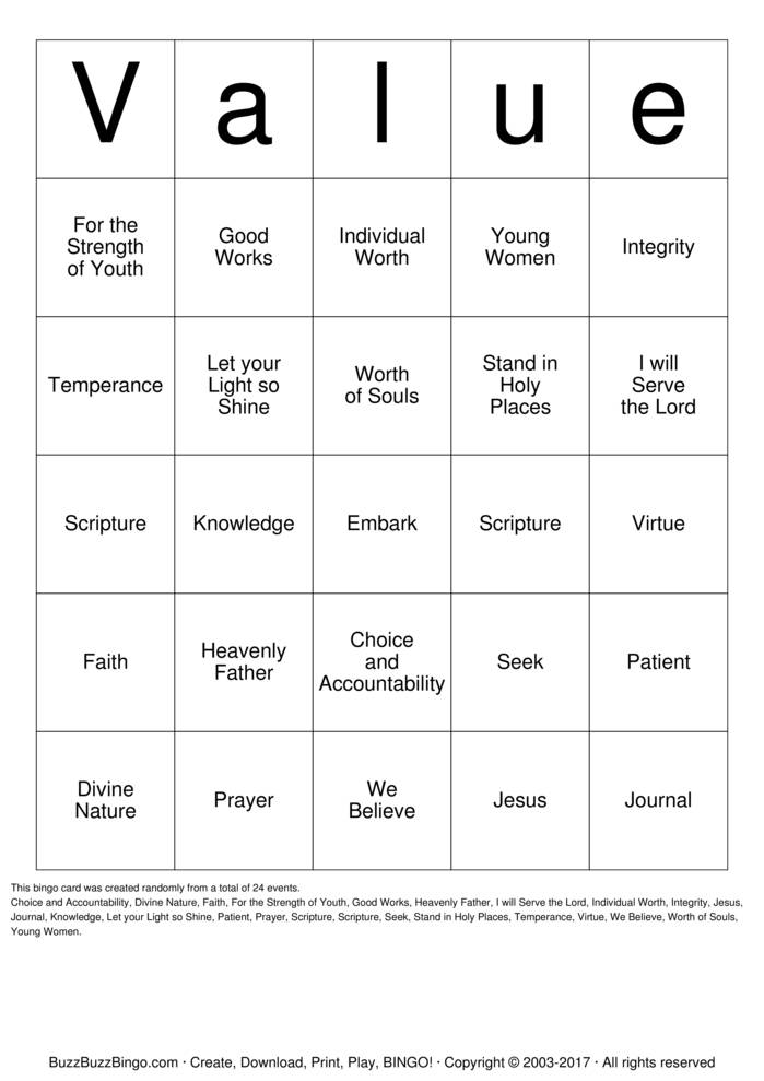 Value Bingo Cards to Download, Print and Customize!