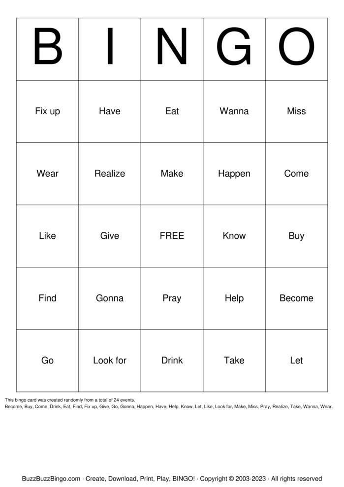 irregular verbs Bingo Cards to Download, Print and Customize!