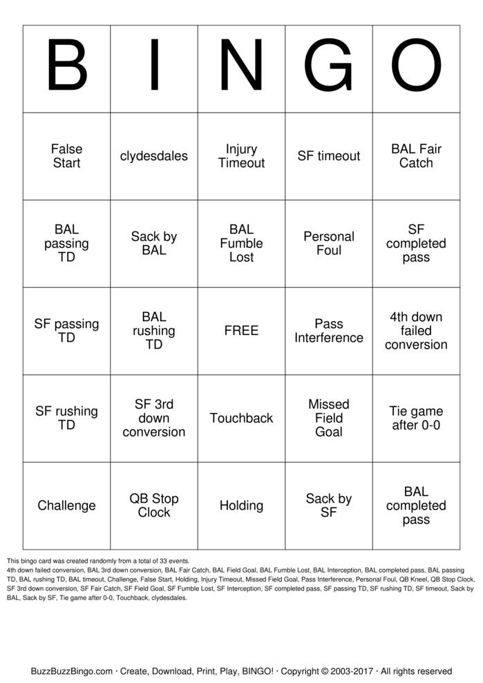 2013 Superbowl BAL vs SF Bingo Cards to Download, Print and Customize!