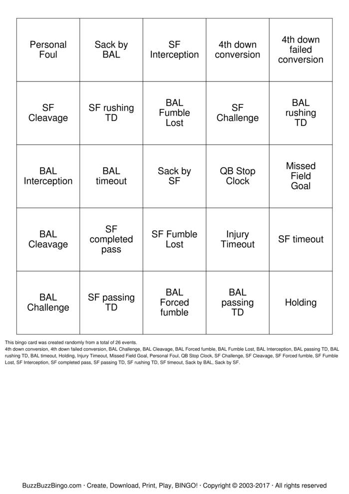 2013 Superbowl BAL vs SF Bingo Cards to Download, Print and Customize!
