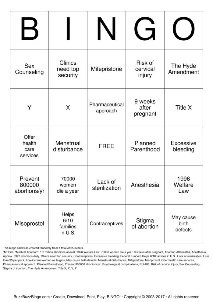 Abortion Bingo Cards to Download, Print and Customize!