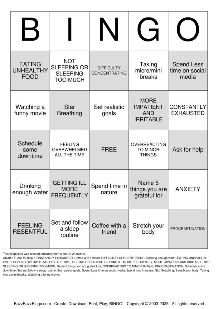 BURNOUT BUSTER Bingo Cards to Download, Print and Customize!