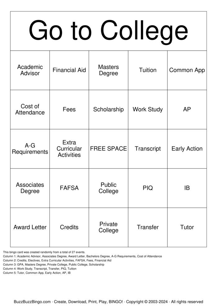 College Bingo Cards to Download, Print and Customize!