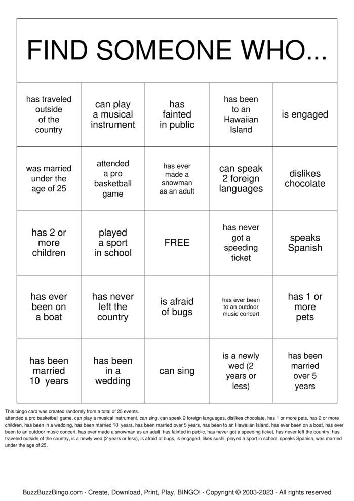 Find Someone Who... Bingo Cards to Download, Print and Customize!