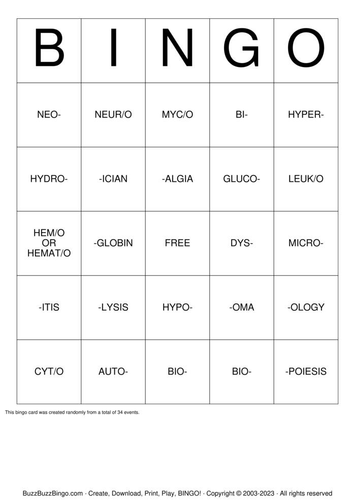 Intro to Medical Terminology Bingo Cards to Download, Print and Customize!