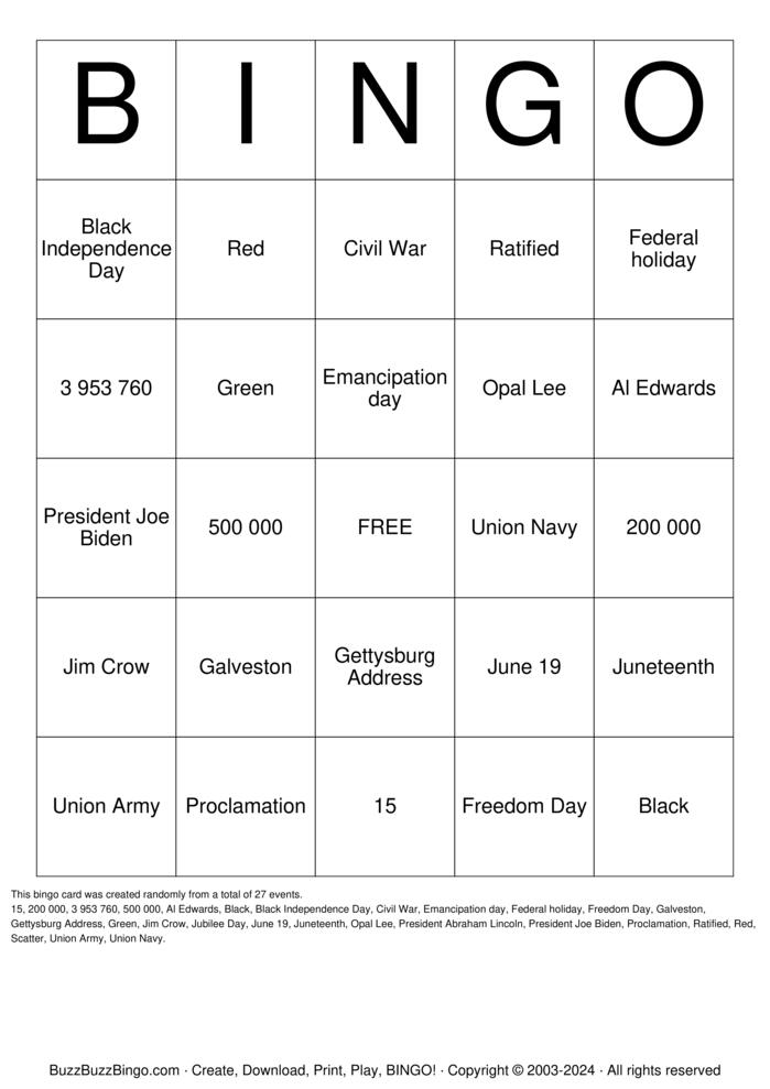Juneteenth Bingo Cards to Download, Print and Customize!