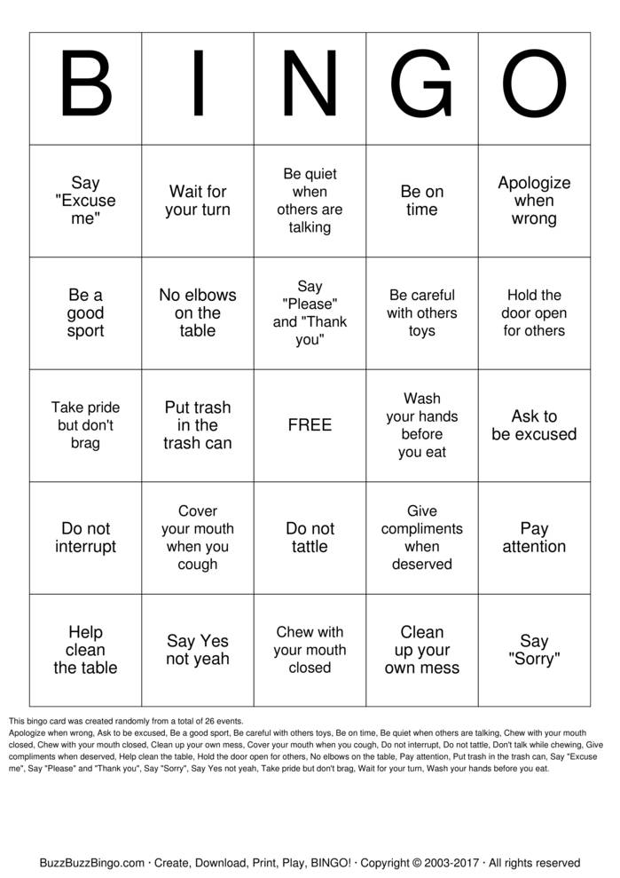 Manners Bingo Cards to Download, Print and Customize!