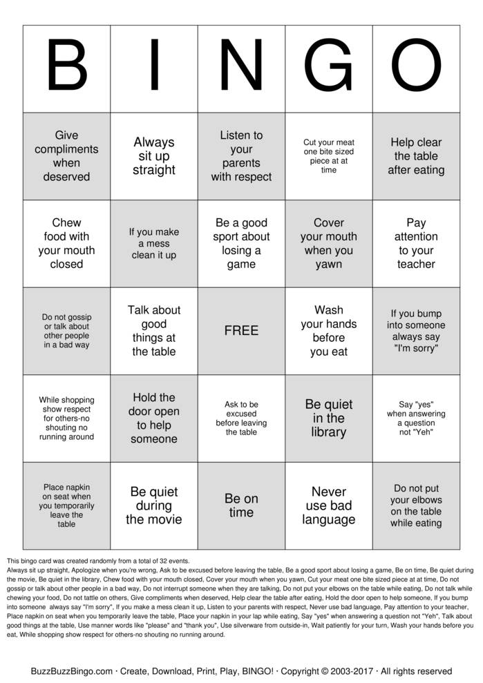 Manners Bingo Cards to Download, Print and Customize!