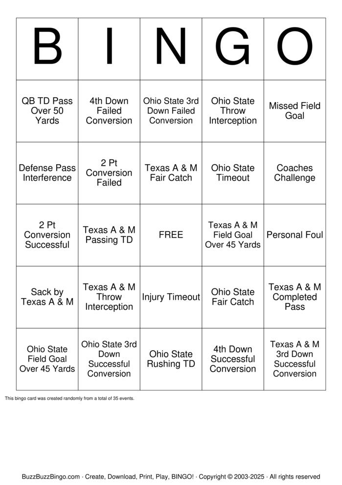 Ohio State vs Texas A & M Bingo Cards to Download, Print and Customize!