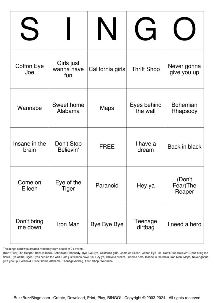 SINGO - CLASSIC Bingo Cards to Download, Print and Customize!
