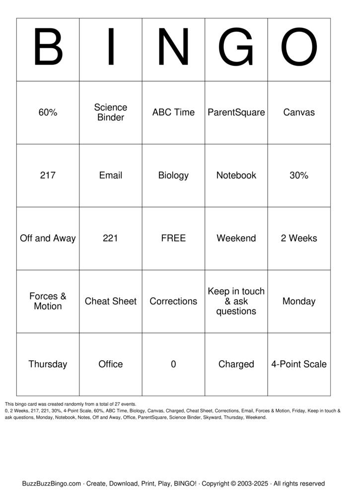 Science Syllabus Bingo Bingo Cards to Download, Print and Customize!