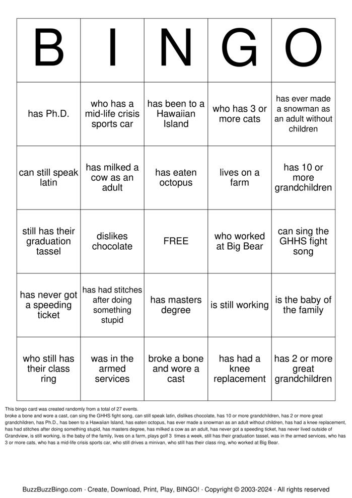50th Class Reunion Bingo Cards to Download, Print and Customize!