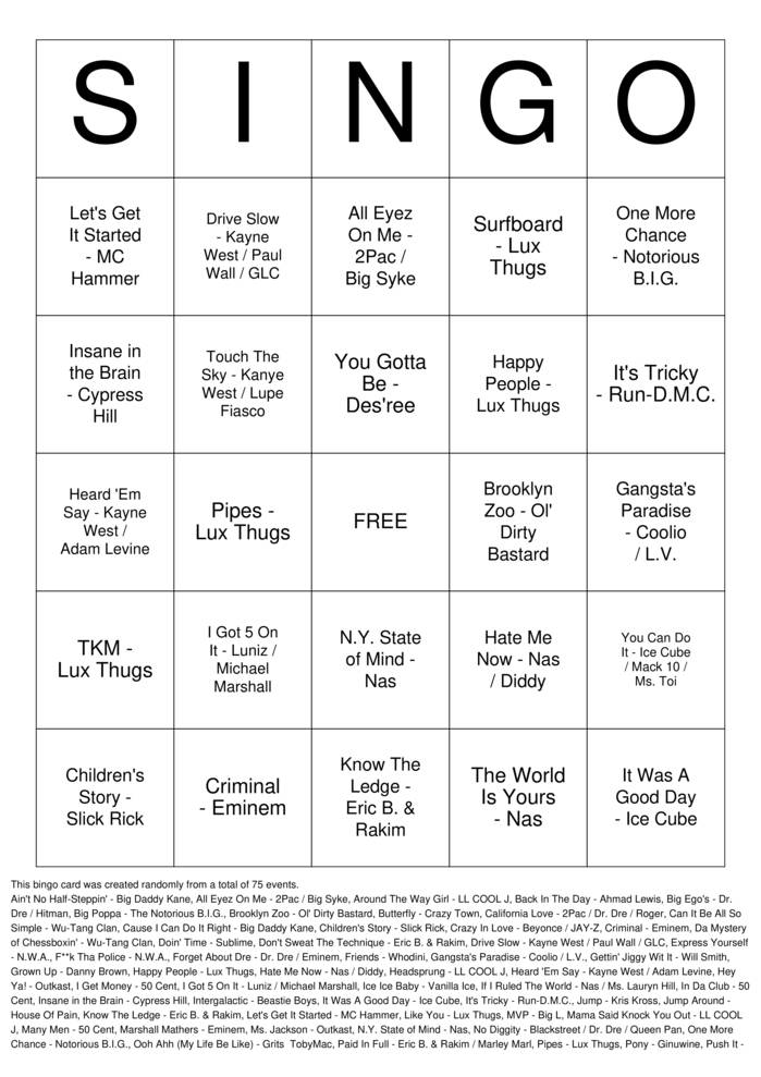 90s Hip Hop Bingo Cards to Download, Print and Customize!