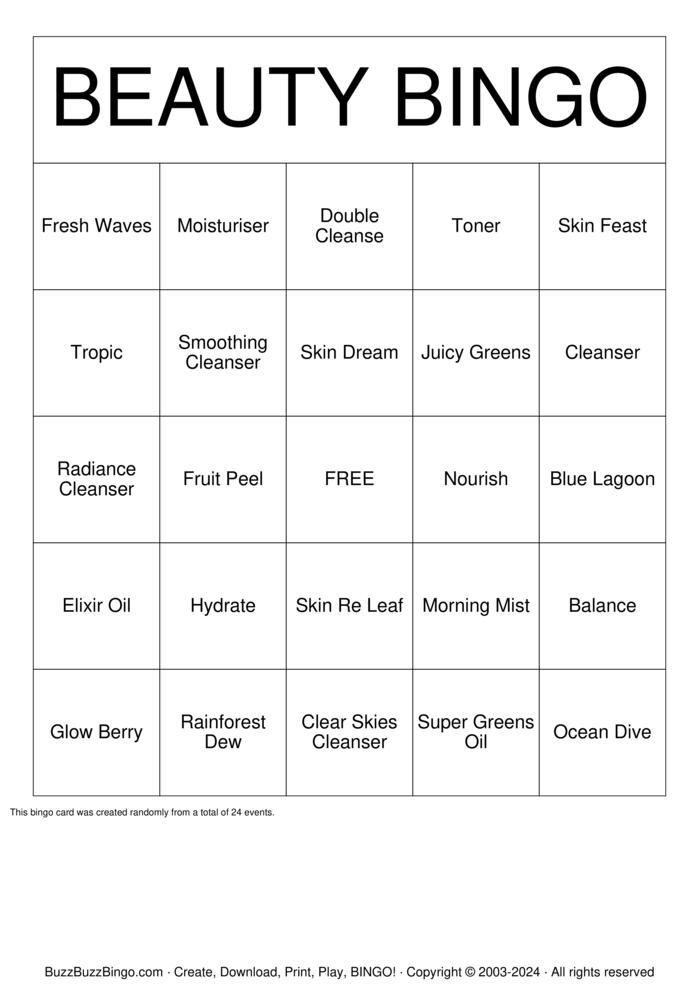 BEAUTY Bingo Cards to Download, Print and Customize!