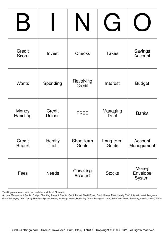 DCFCU FINANCIAL LITERACY BINGO Bingo Cards to Download, Print and ...
