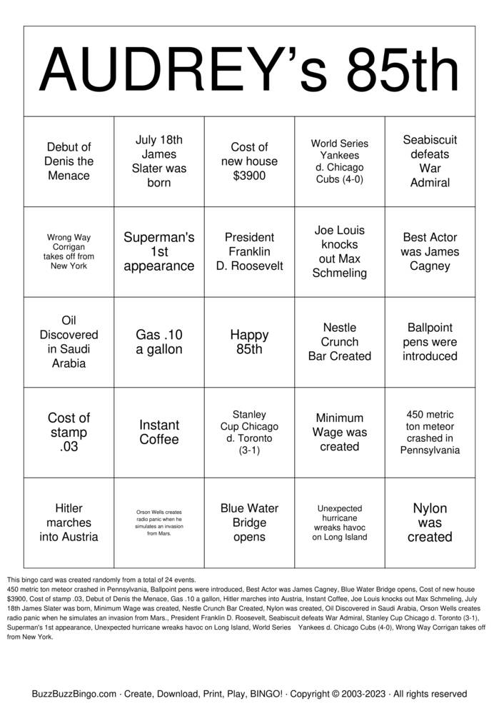 Events of 1938 Bingo Cards to Download, Print and Customize!