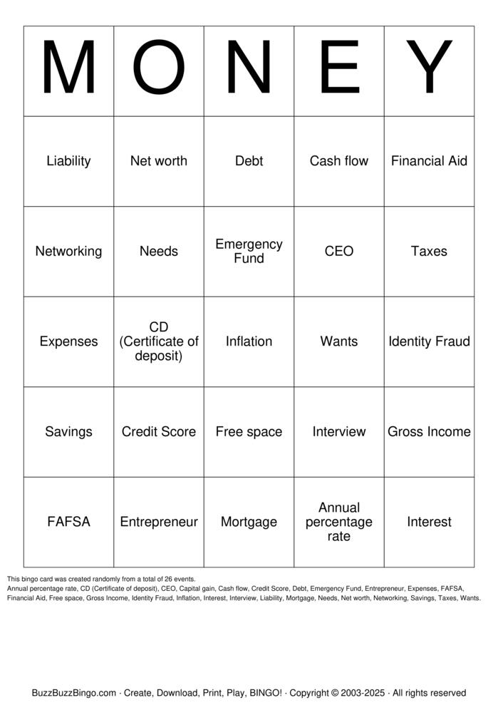Financial Literacy Bingo Cards to Download, Print and Customize!