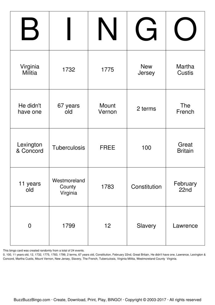 George Washington Bingo Cards to Download, Print and Customize!