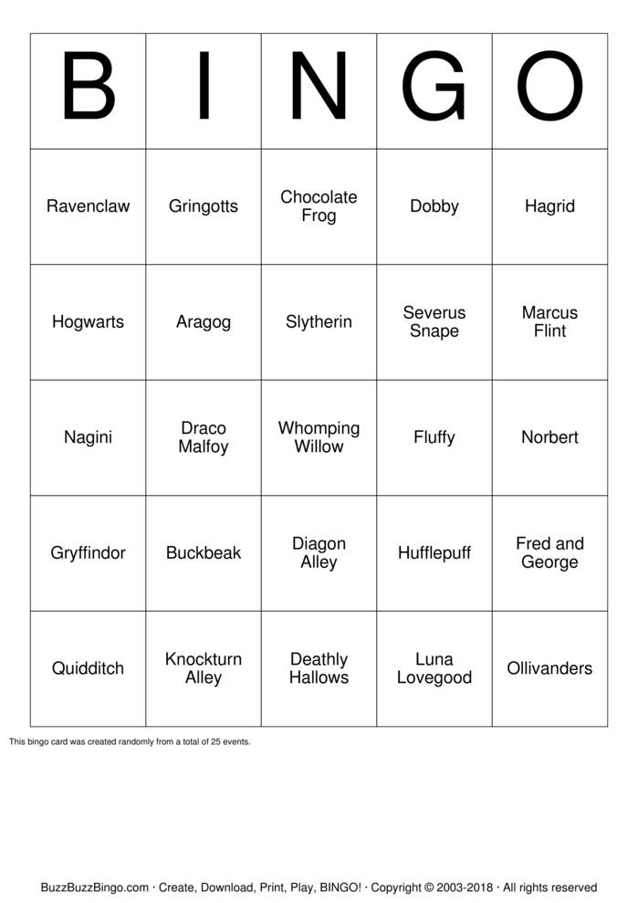 Harry Potter Bingo Bingo Cards to Download, Print and Customize!