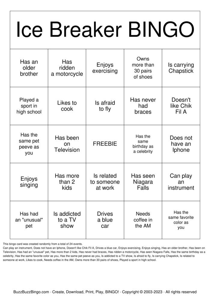 ICEBREAKER BINGO Bingo Cards to Download, Print and Customize!