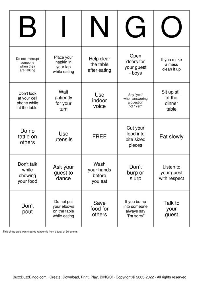 Manners Bingo Cards to Download, Print and Customize!