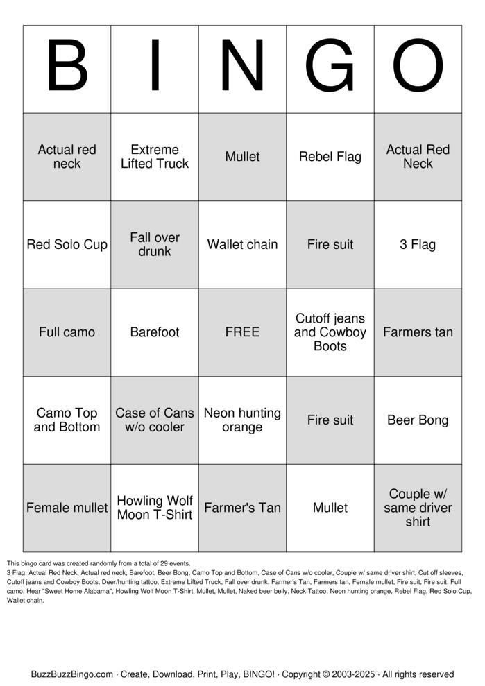 NASCAR Redneck Bingo Bingo Cards to Download, Print and Customize!