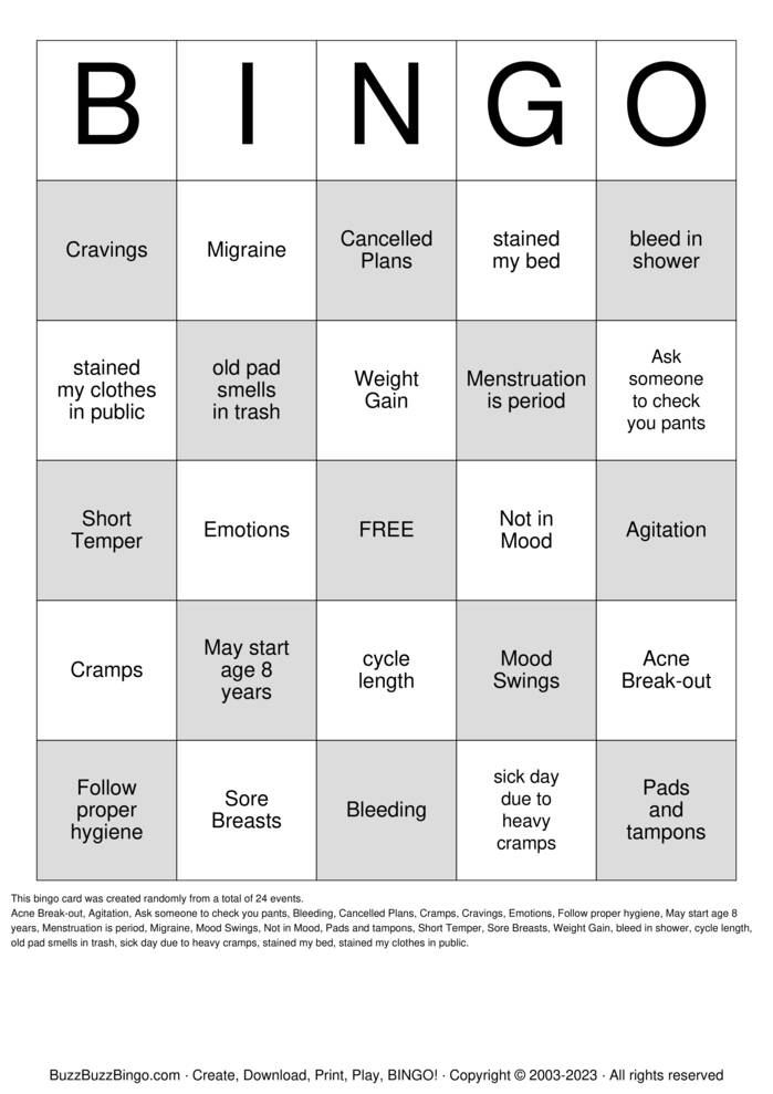 Period Bingo Cards to Download, Print and Customize!