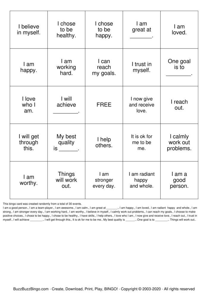 Positive Affirmations Bingo Cards to Download, Print and Customize!