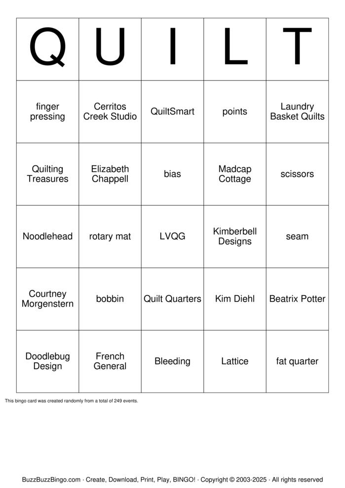 QUILT Bingo Cards to Download, Print and Customize!