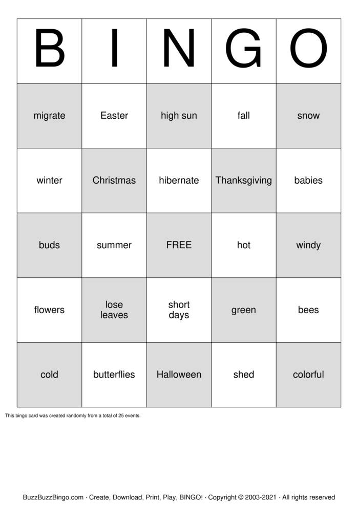 Seasons Bingo Cards to Download, Print and Customize!