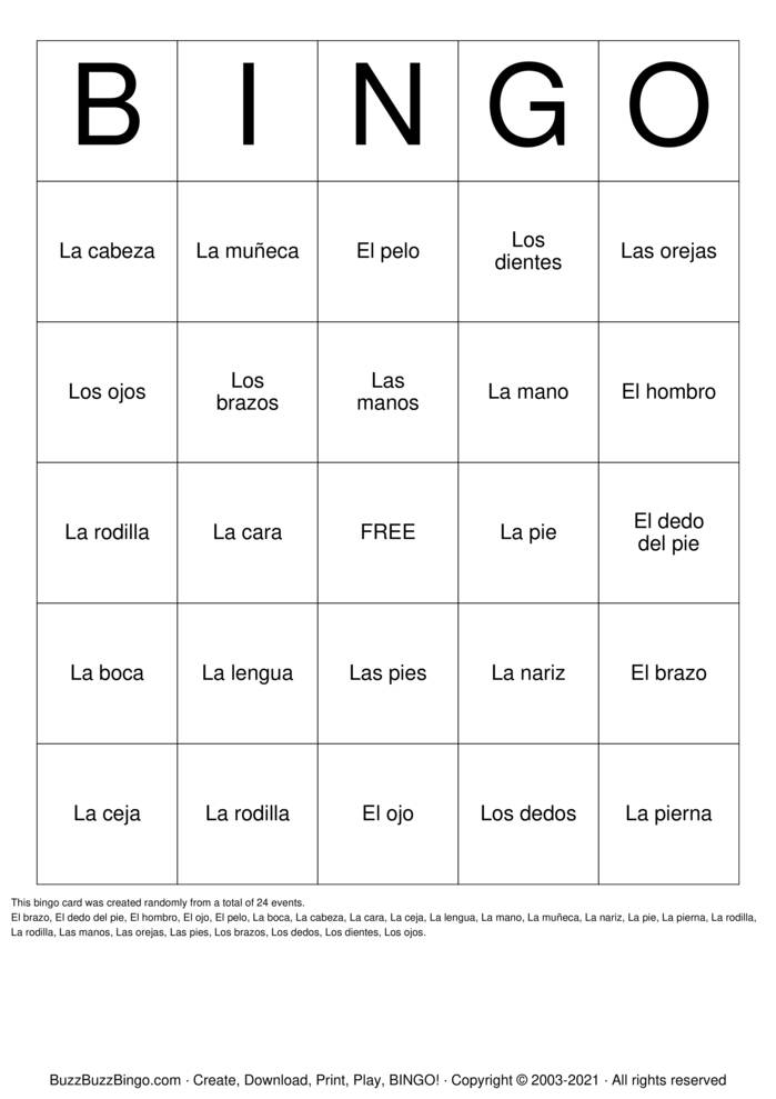 Spanish Body Parts Bingo Cards to Download, Print and Customize!