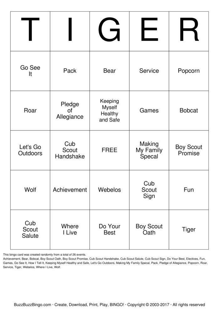 Tiger Cub BINGO Bingo Cards to Download, Print and Customize!