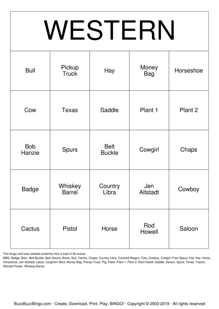 WESTERN Bingo Cards to Download, Print and Customize!