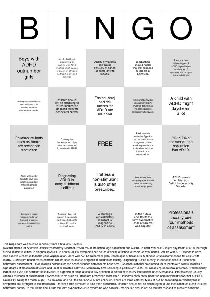 ADHD BINGO Bingo Cards to Download, Print and Customize!