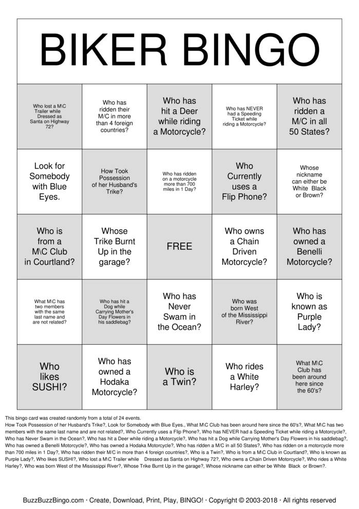 BIKER BINGO Bingo Cards to Download, Print and Customize!