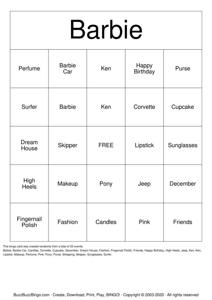 Barbie Bingo Cards to Download, Print and Customize!