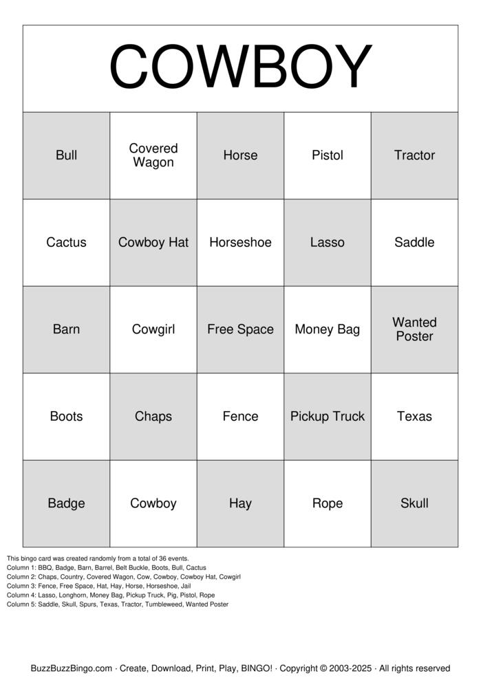 COWBOY Bingo Cards to Download, Print and Customize!