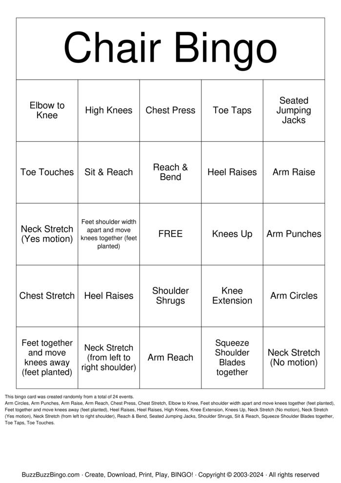 Chair Activity Bingo Cards to Download, Print and Customize!