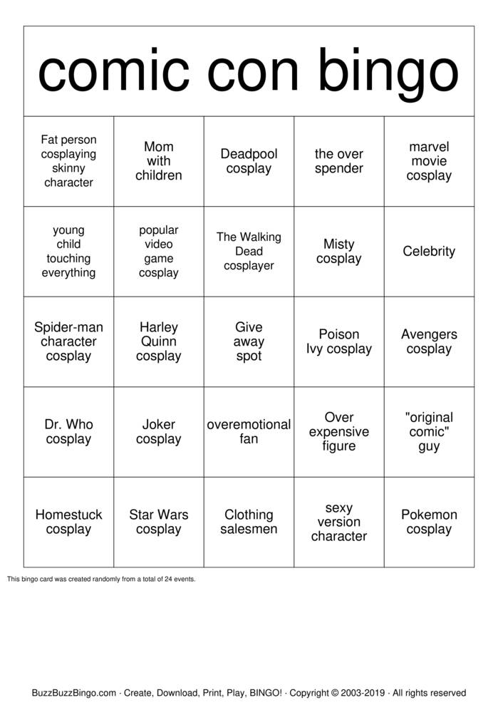 Comic con Bingo Cards to Download, Print and Customize!