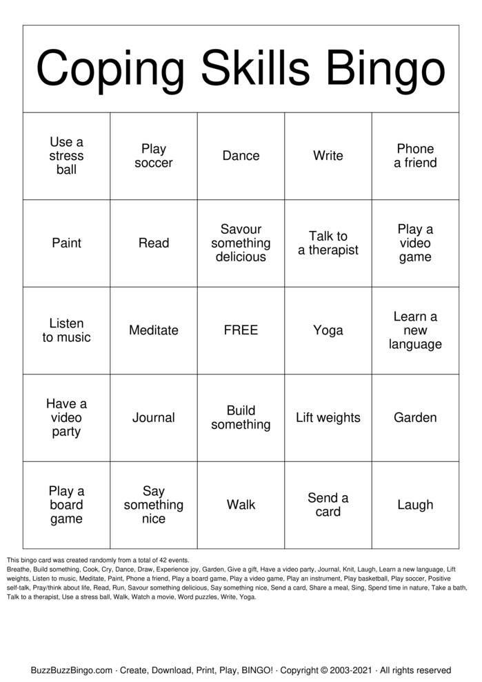 Coping Skills Bingo Cards to Download, Print and Customize!