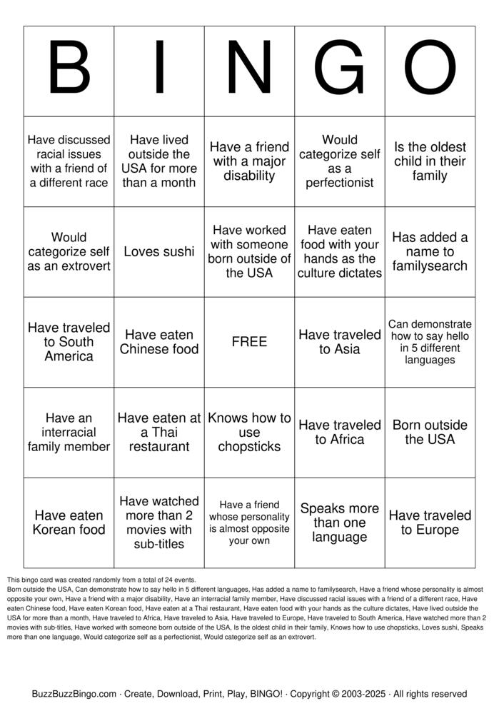 Cultural Diversity Bingo Cards to Download, Print and Customize!