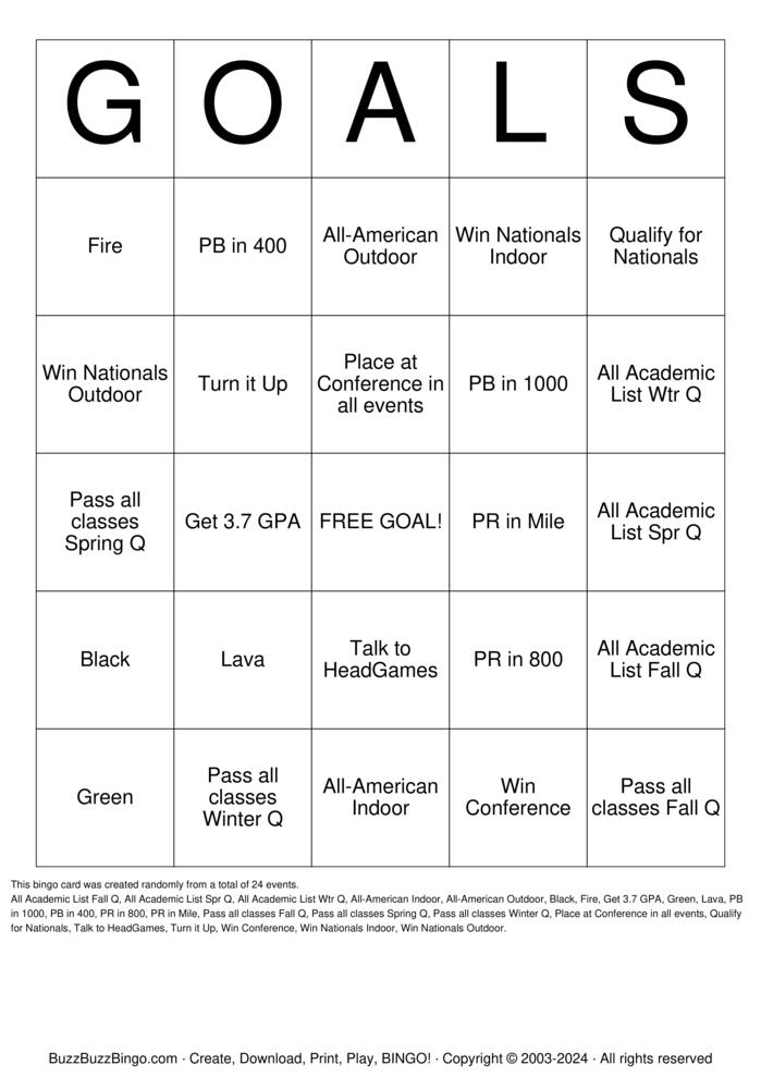 GOALS BINGO Bingo Cards to Download, Print and Customize!