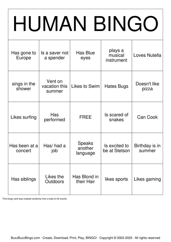 HUMAN BINGO Bingo Cards to Download, Print and Customize!