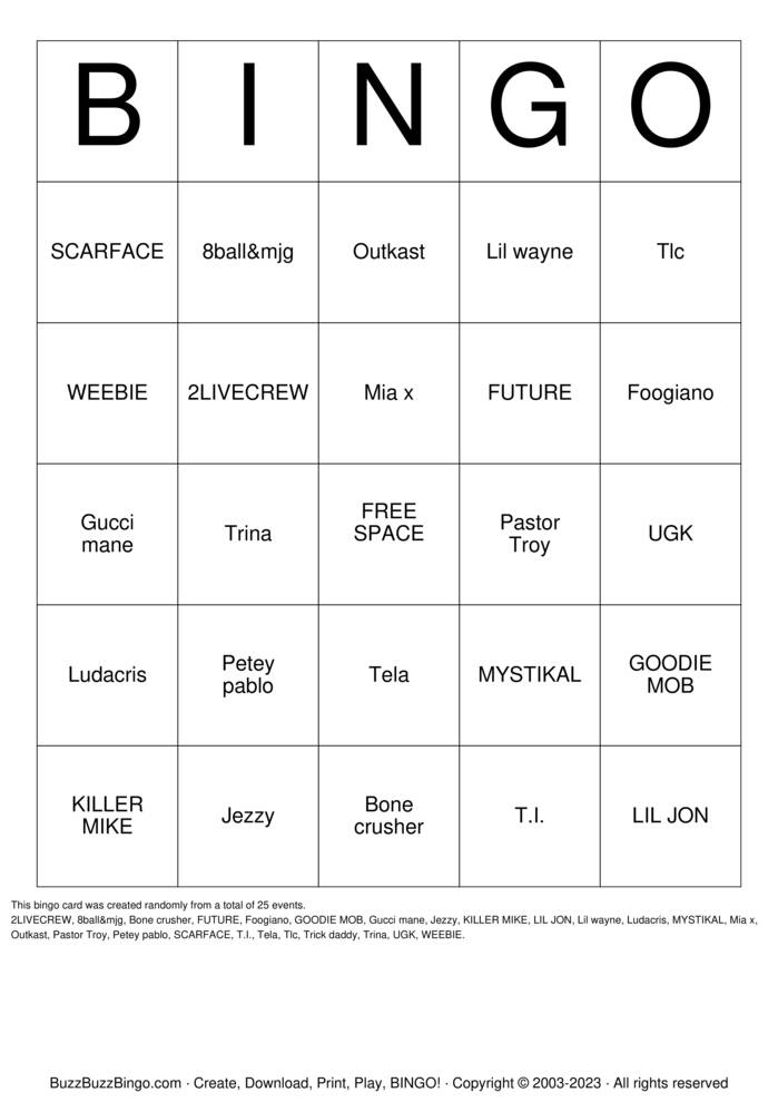 Hip hop Bingo Bingo Cards to Download, Print and Customize!